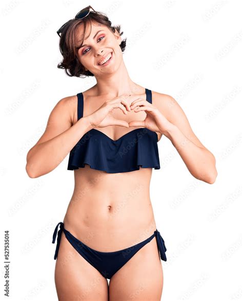 Beautiful Young Woman With Short Hair Wearing Bikini Smiling In Love