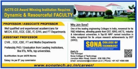 Sona College Of Technology Salem Wanted Professor Plus Associate
