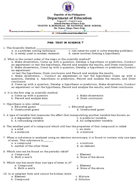 Pre Test Science Pdf Mixture Cell Biology