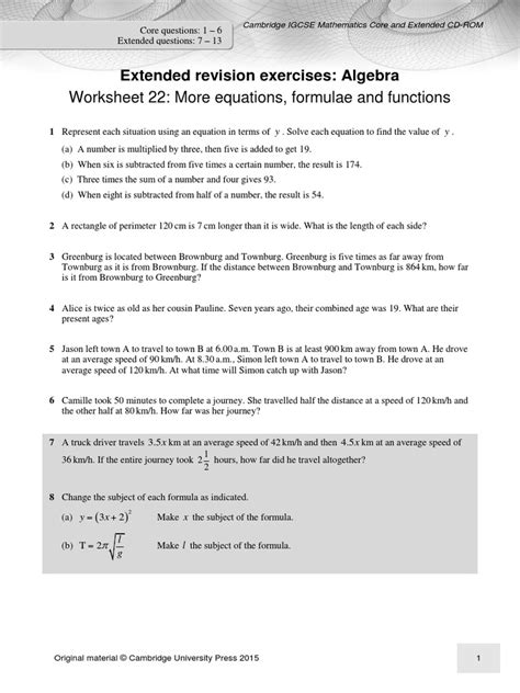 Worksheet 22 More Equations Formulae And Functions Extended Revision Exercises Algebra Pdf