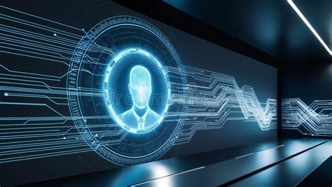 Futuristic Biometric Analysis Hologram In Dark Workspace Showcasing Data Streams And Seamless