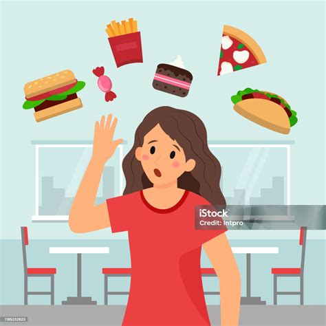 달콤하고 뚱뚱한 영양 패스트 푸드와 과자 주위에 떠있는 과자로 둘러싸인 절망적 인 여성 플랫 스타일 벡터 그림입니다 여자에 대한 스톡 벡터 아트 및 기타 이미지 Istock