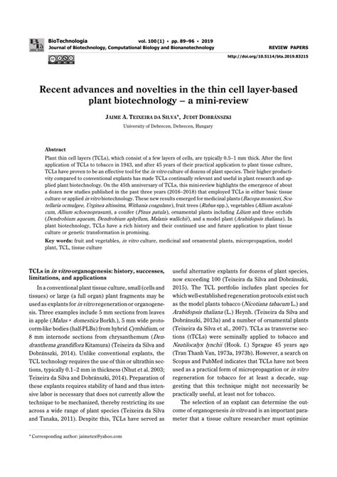 Pdf Recent Advances And Novelties In The Thin Cell Layer Based Plant Biotechnology A Mini Review