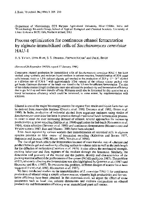 Pdf Process Optimization For Continuous Ethanol Fermentation By