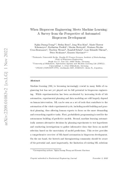 Pdf When Bioprocess Engineering Meets Machine Learning A Survey From