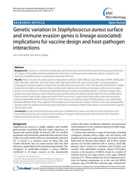 Pdf Genetic Variation In Staphylococcus Aureus Surface And Immune Evasion Genes Is Lineage