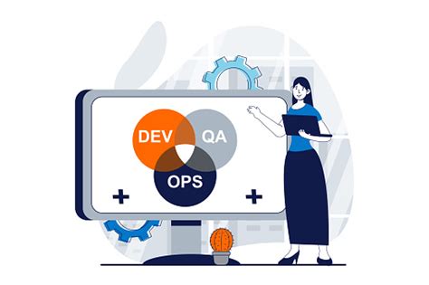 웹용 플랫 디자인에서 사람 장면이 있는 devops 개념입니다 여성 모니터링 및 최적화 작업 흐름 커뮤니케이션 및 관리 소셜