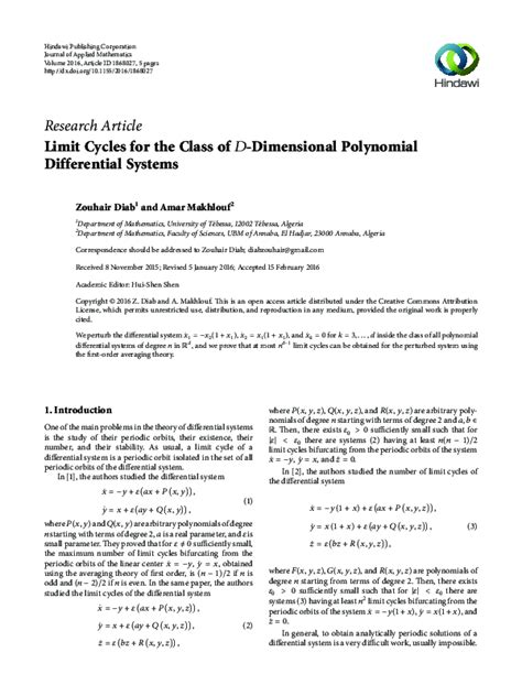 Pdf Limit Cycles For The Class Ofd Dimensional Polynomial
