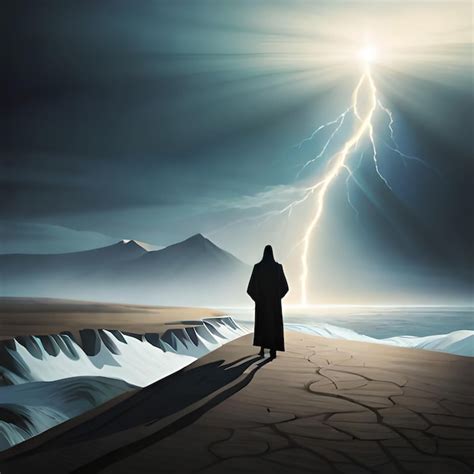 Premium Ai Image A Man Stands On A Cliff With A Lightning Strike On The Left Side