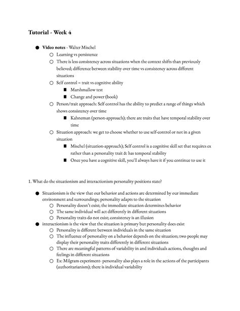 Tutorial Notes Tutorial Week 4 Video Notes Walter Mischel