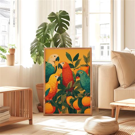 Colorful Parrots Wall Art Tropical Bird Print With Oranges Vibrant