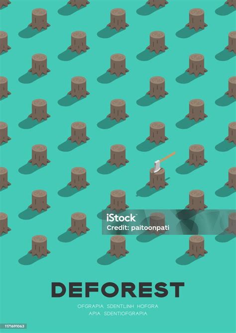 도끼 3d 등각 투영 패턴나무 그루터기 삼림 벌채 개념 포스터 및 배너 수직 디자인 그림 복사 공간 녹색 배경에 격리 벡터 Eps 10 고기 칼에 대한 스톡 벡터 아트 및