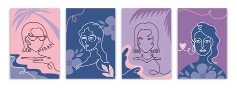 페이스 라인 포스터 한 줄 의 여성 얼굴과 추상적 인 모양 창조적 인 최소한의 소셜 미디어 이야기와 트렌디 한 배너 벡터 세트