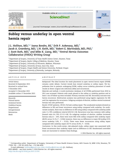 Sublay Versus Underlay In Open Ventral Hernia Repair Pdf Dependent