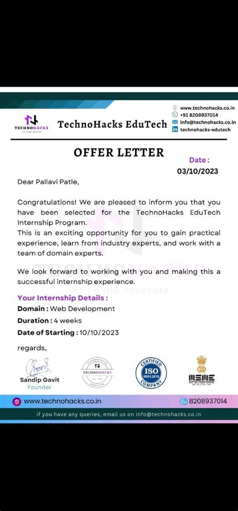 Pallavi Patle On Linkedin Webdevelopment Technohacks Offerletter