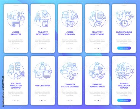 Coding Concepts Blue Gradient Onboarding Mobile App Screen Set Developer Walkthrough 5 Steps