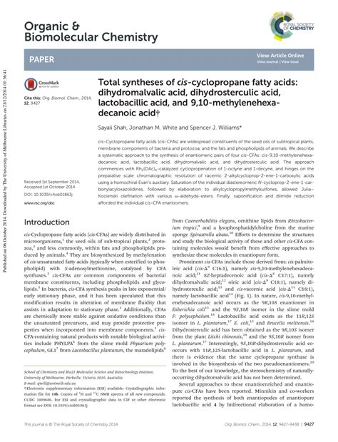Pdf Total Syntheses Of Cis Cyclopropane Fatty Acids Dihydromalvalic