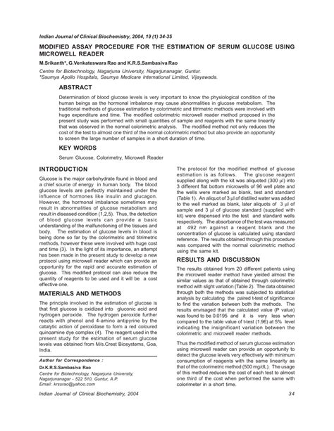 Pdf Modified Assay Procedure For The Estimation Of Serum Glucose Using Microwell Reader