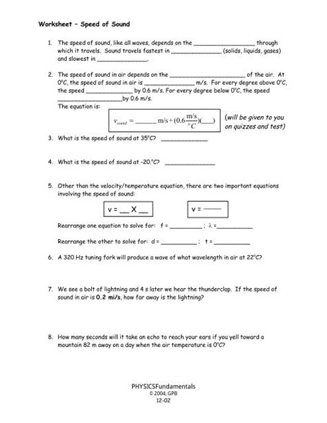 The Speed Of Sound Worksheet Answers Doppler Effect And Wave Speed