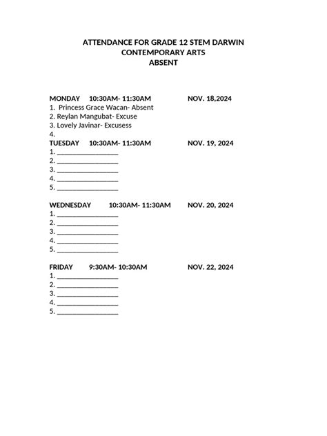 Grade 12 Stem Attendance Log Pdf Social Science