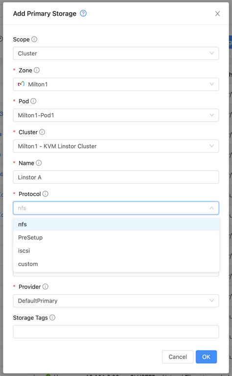 Linstor Option Protocol Not Available On Kvm Cluster During Cluster Wide Primary Storage