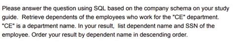 Solved Figure 1 Company Schema Please Answer The Question