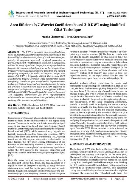 Area Efficient 97 Wavelet Coefficient Based 2 D Dwt Using Modified