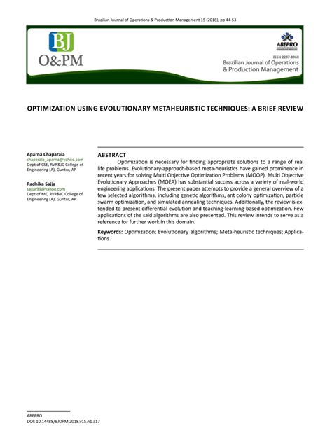 Pdf Optimization Using Evolutionary Metaheuristic Techniques A Brief