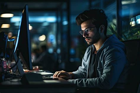Young Man Working On Computer Late At Night In Dark Office Male