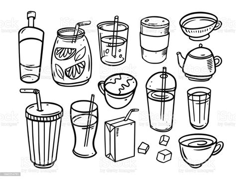 Hand Drawn Drinks Doodle Elements Set Black Color Vector Illustration