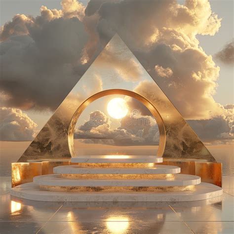 Stunning 3d Minimal Element With Golden Geometric Shapes And Dramatic Sky Background Stock