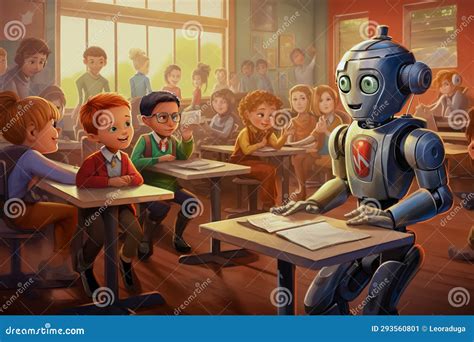 Little Robots Sitting At Desks In A Classroom Listening To A Robot Teacher Stock Illustration