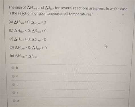 Solved The Sign Of Ahrxn And Asrxn For Several Reactions Are
