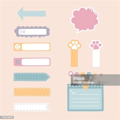 귀여운 손으로 그린 세트 아이콘 테이프 음성 거품 풍선 생각 말 이야기 메모 메모 메모 텍스트 상자 배너 알림 플래너 낙서 빈 스티커 메모 패드 0명에 대한 스톡 벡터 아트