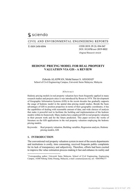 Pdf Hedonic Pricing Model For Real Property Valuation Via Gis A Review
