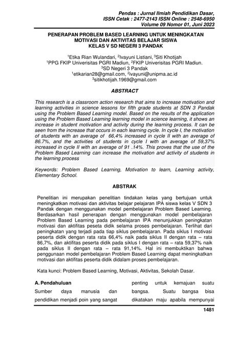 Pdf Penerapan Problem Based Learning Untuk Meningkatan Motivasi Dan