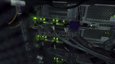 Darkness In The Server Room Flashing Green Server Lamp LED Network Ethernet Switch Stock