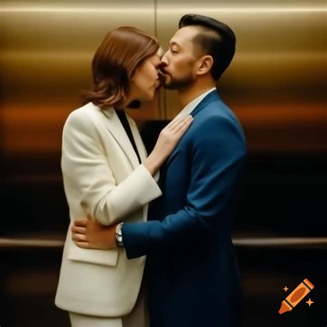 Intimate Scene Inside Elevator With A Woman In Cream Blazer And White