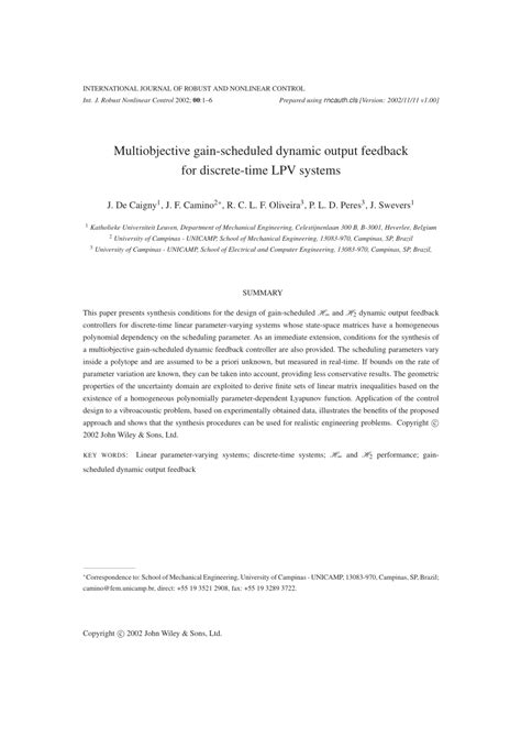 Pdf Multiobjective Gain Scheduled Dynamic Output Feedback For