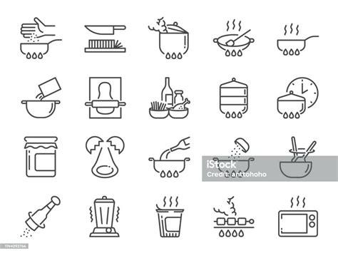 요리 라인 아이콘 세트입니다 주방 빵 끓는 바베 큐 튀김 스튜 등으로 아이콘을 포함 아이콘에 대한 스톡 벡터 아트 및 기타 이미지 Istock