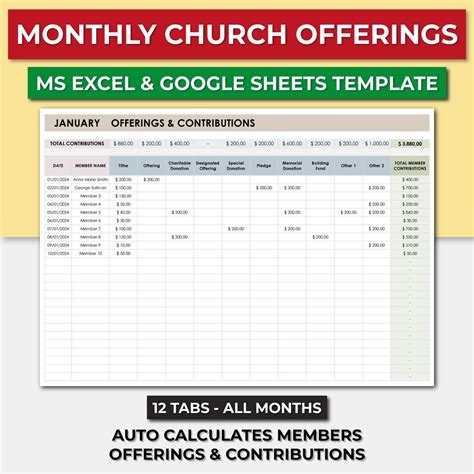 Church Monthly Offering And Contribution Spreadsheet Template Church