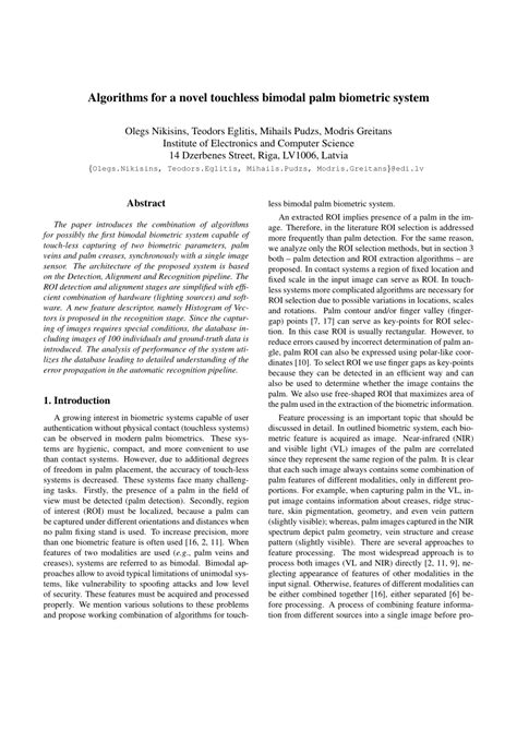 Pdf Algorithms For A Novel Touchless Bimodal Palm Biometric System