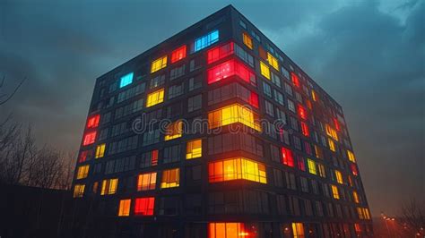 Modern Building With Colorful Illuminated Windows At Dusk Stock Image Image Of Colorful Night