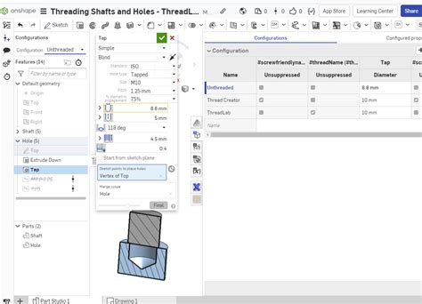 Threading Shafts And Holes With Supressable Modeled Threads — Onshape