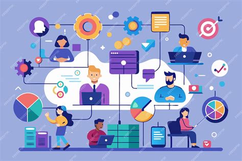 Teams Engage In Workflow And Business Management With Technology Data Analysis And Collaboration