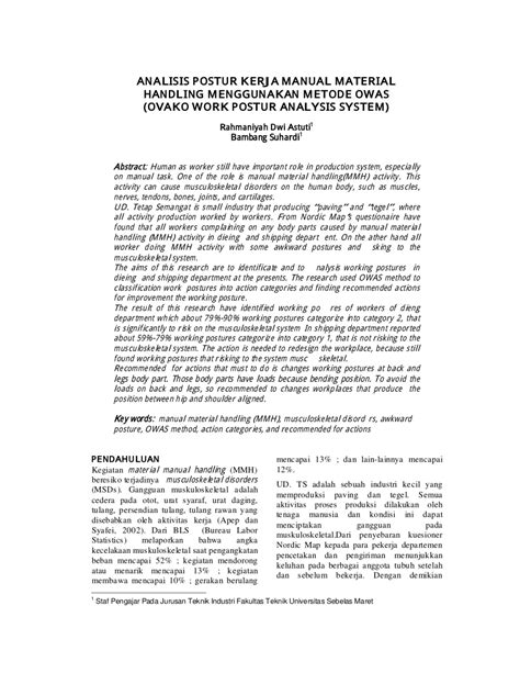 Pdf Analisis Postur Kerja Manual Material Handling Menggunakan Metode