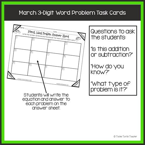 Addition And Subtraction 3 Digit Spring Word Problem Task Cards March