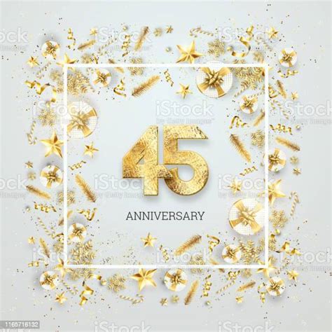 창조적 인 배경 45 주년 숫자 프레임과 밝은 배경에 황금 텍스트와 색종이의 축하 기념일 기념 템플릿 전단지 3d 일러스트레이션 3d 렌더링 3차원 형태에 대한 스톡 사진
