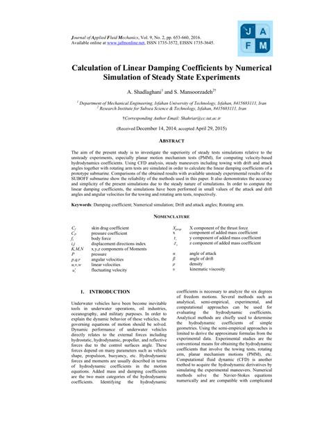 Pdf Calculation Of Linear Damping Coefficients By Numerical Simulation Of Steady State Experiments