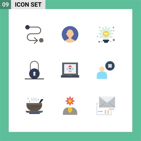 Editable Vector Line Pack Of 9 Simple Flat Colors Of Delete User Rocket Bulb Launch App Editable